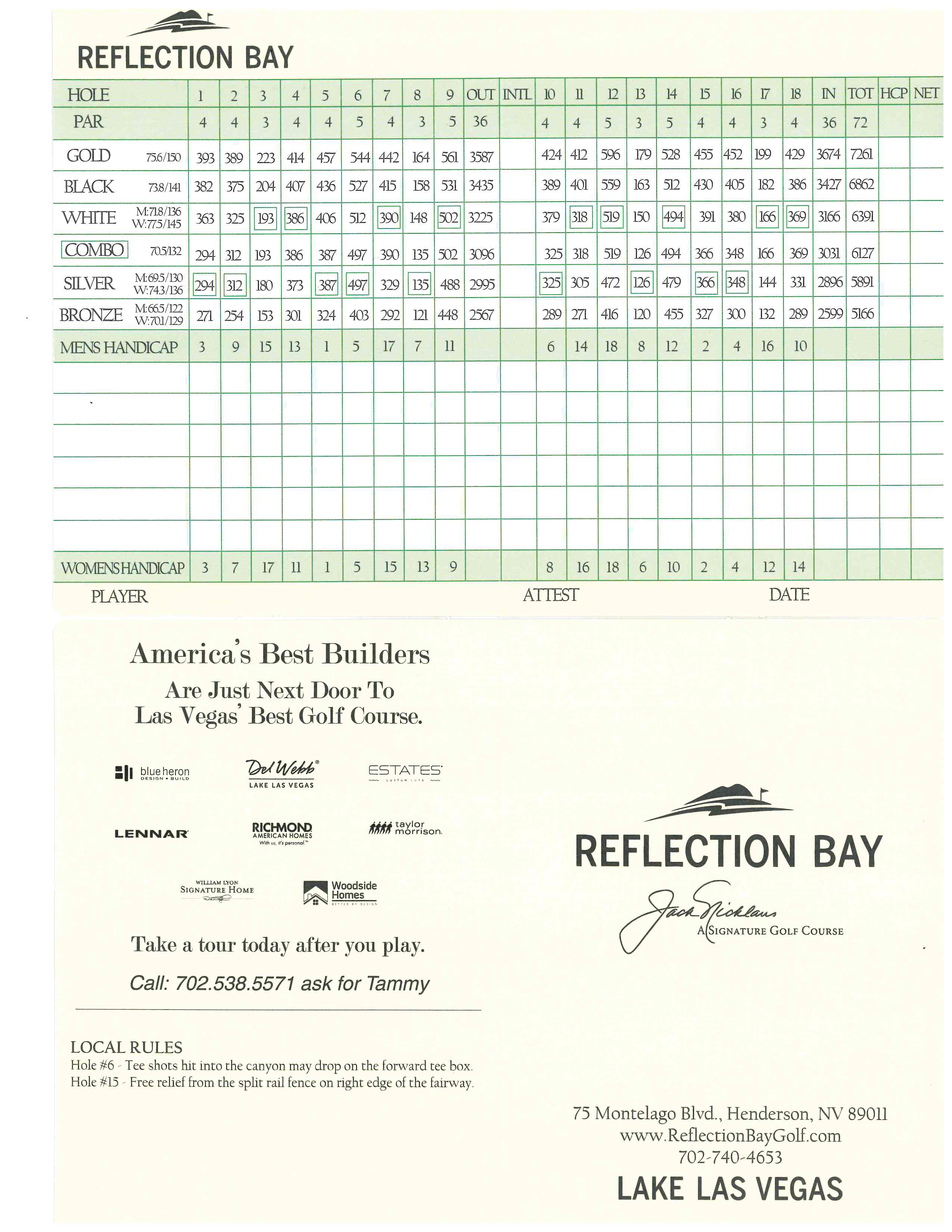 Scorecard - Reflection Bay Golf Club